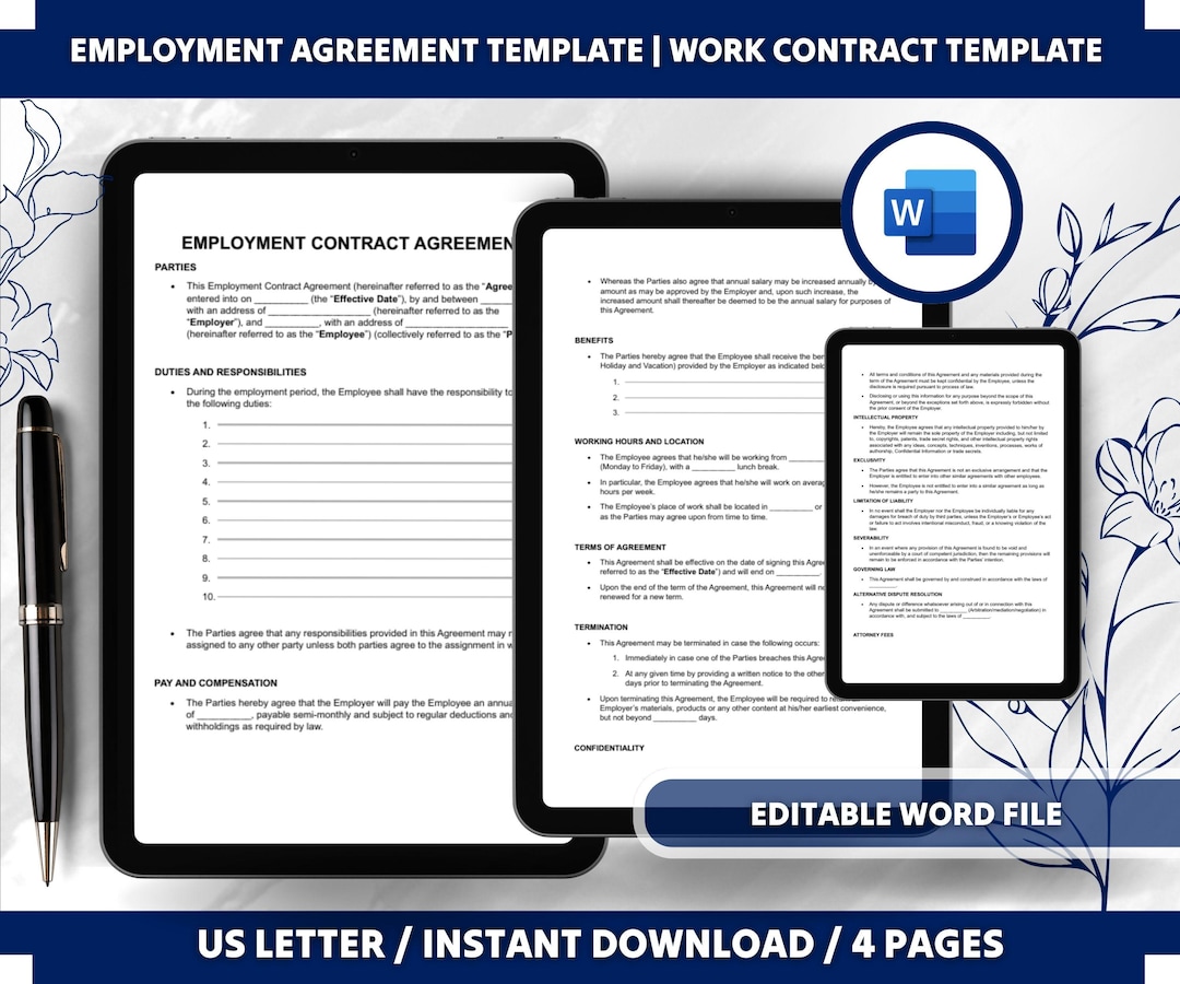 Employment Contract Template Employee Agreement | Hiring Agreement | Work Contract | Editable ...