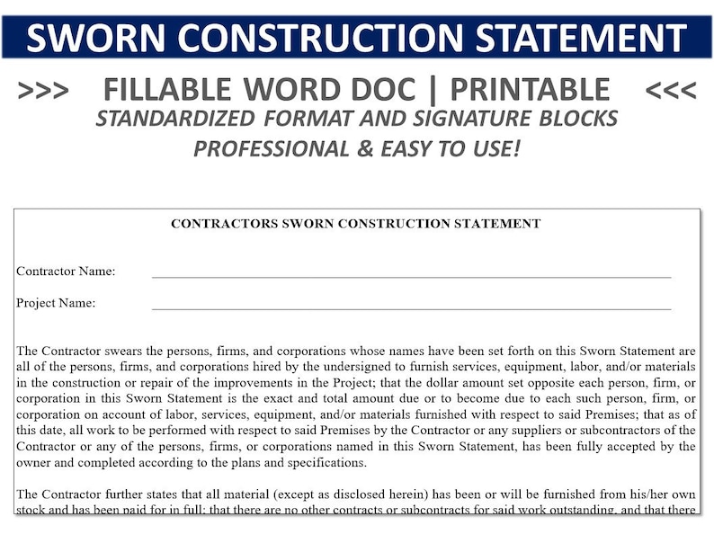 SWORN CONSTRUCTION STATEMENT | Owner | Contractor | Construction ...