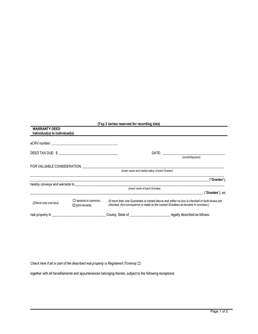 WARRANTY DEED FORM Editable Real Estate Transfer Template | Printable ...