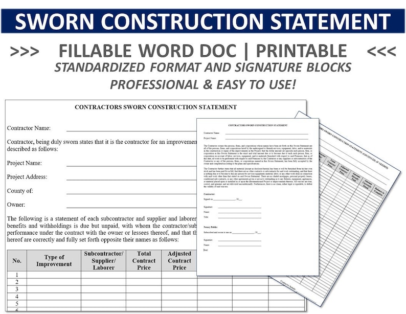 SWORN CONSTRUCTION STATEMENT | Owner | Contractor | Construction ...