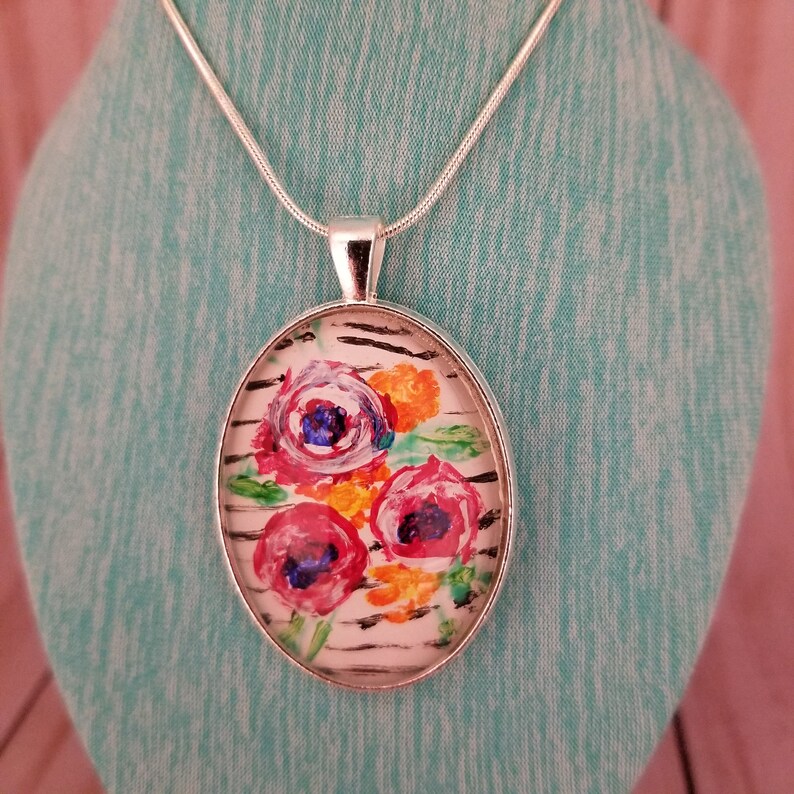 Hand Painted Floral and Striped Pendant - Etsy
