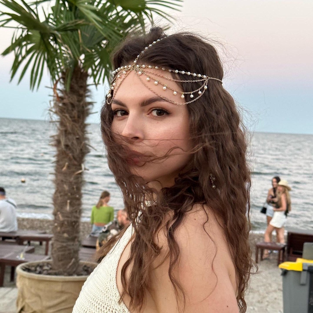 Gold Head Piece Pearl Bridal Headpiece Bohemian Hair Jewelry Boho Tikka ...