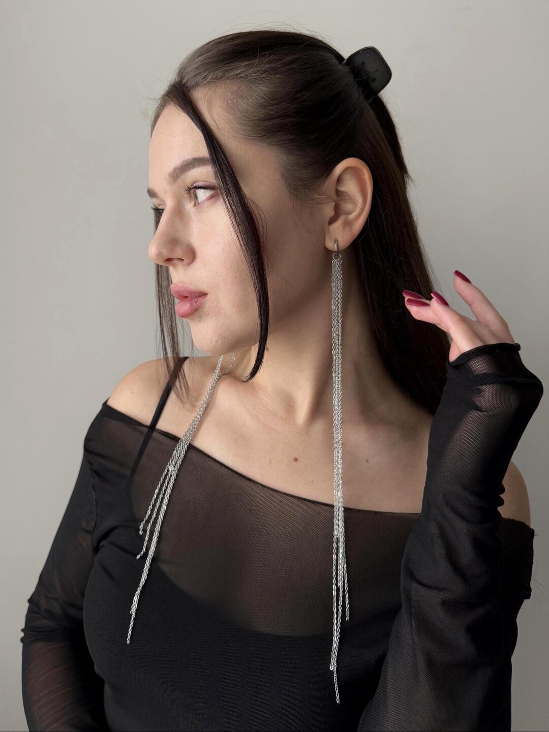 Extra Long Fringe Silver Drop Chain Earrings, Minimalist Dangle ...