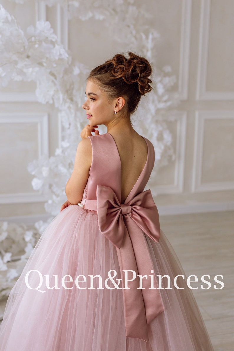 Dusty Rose Satin Tulle Tutu Pearls Flower Girl Dress Sleeveless Open ...