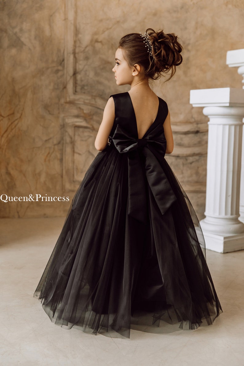 Black Flower Girl Dress Satin Girl Dress Tulle Flower Girl Etsy