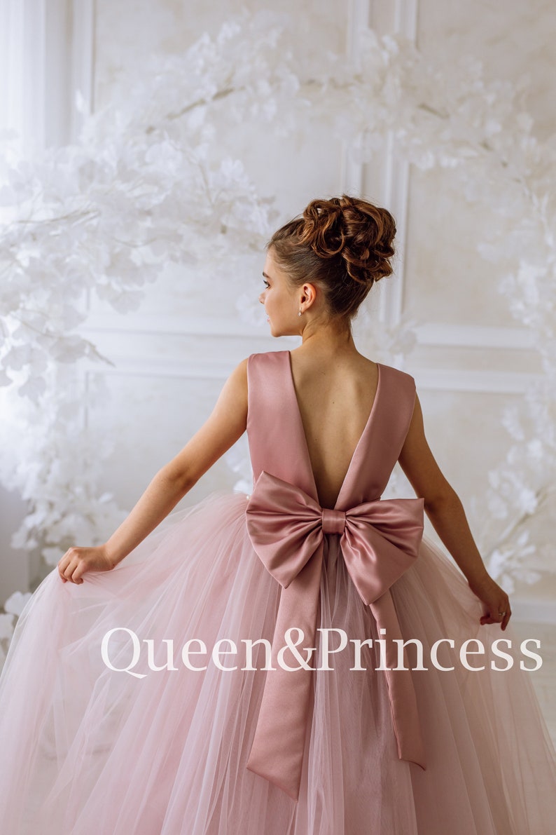 Dusty Rose Satin Tulle Tutu Pearls Flower Girl Dress Sleeveless Open ...
