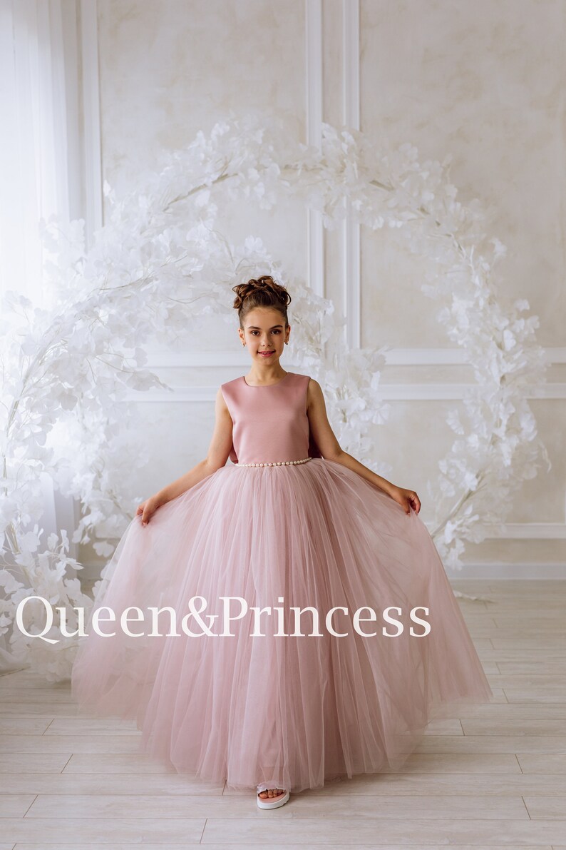 Dusty Rose Satin Tulle Tutu Pearls Flower Girl Dress Sleeveless Open ...