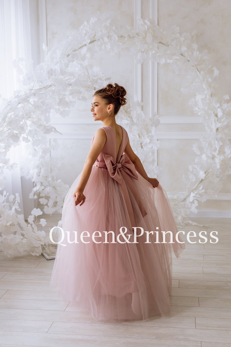 Dusty Rose Satin Tulle Tutu Pearls Flower Girl Dress Sleeveless Open ...