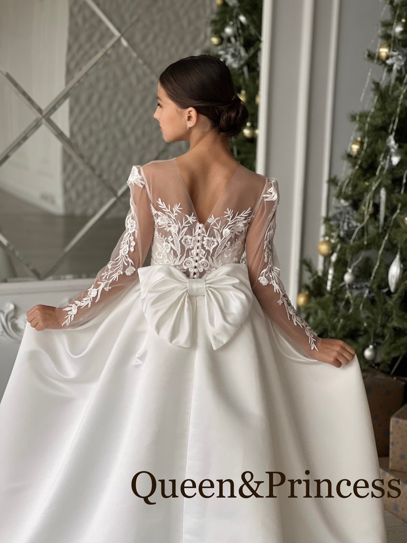 Lace Flower Girl Dress Satin Flower Dress Ivory Flower Girl - Etsy