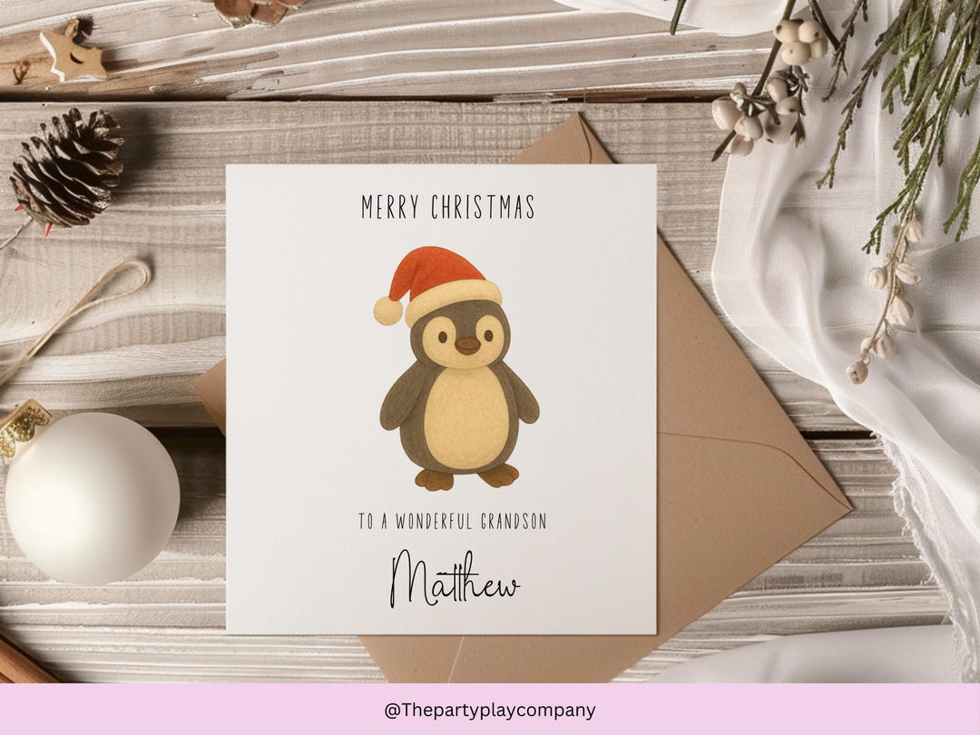 Personalised Granson Plush Penguin Christmas Card – Festive Design ...