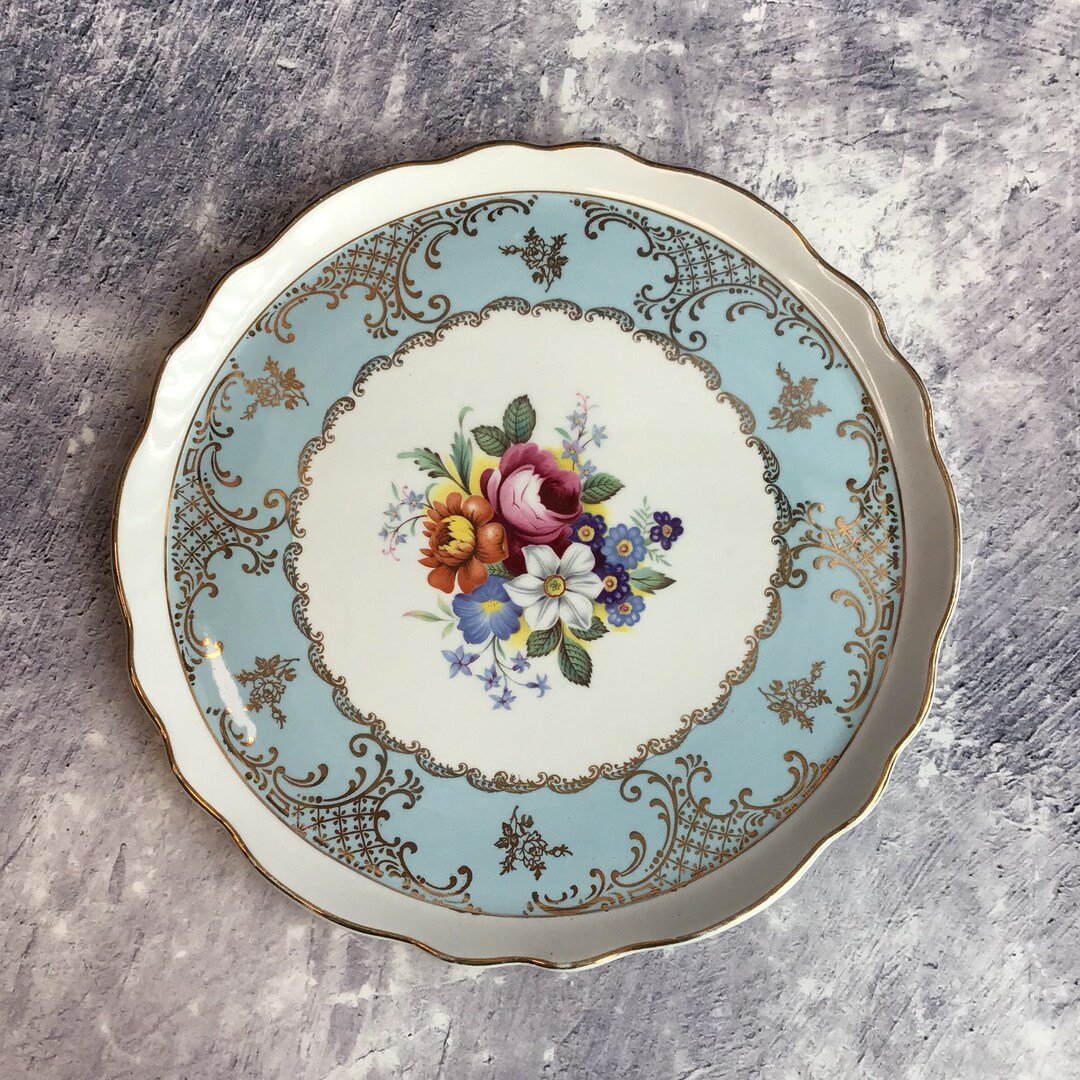 Vintage 1950s James Kent Old Foley Blue and Gold Floral Cake Plate ...