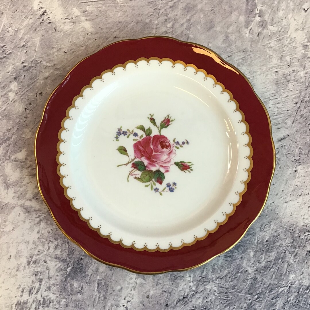 Vintage Coalport Bone China Birbeck Rose Tea Plate - Ruby Red and Gold ...