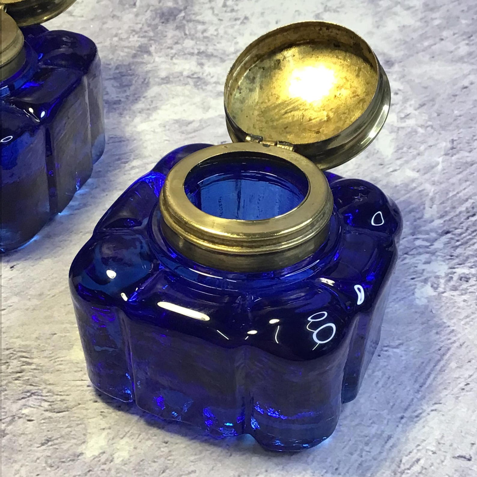 Pair of Antique Cobalt Blue Glass Ink Well Jars With Brass Collar ...