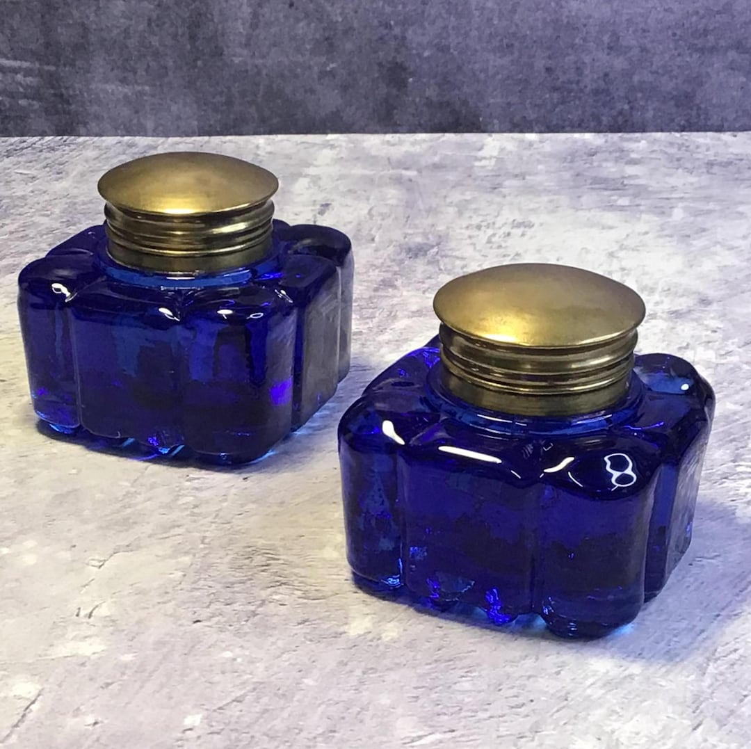 Pair of Antique Cobalt Blue Glass Ink Well Jars With Brass Collar ...