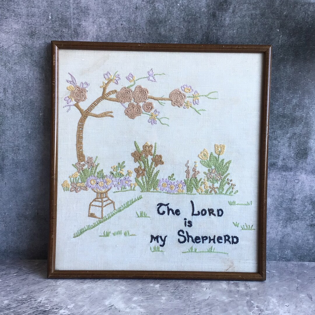 Vintage Framed Hand Embroidered the Lord is My Shepherd Sampler Picture ...