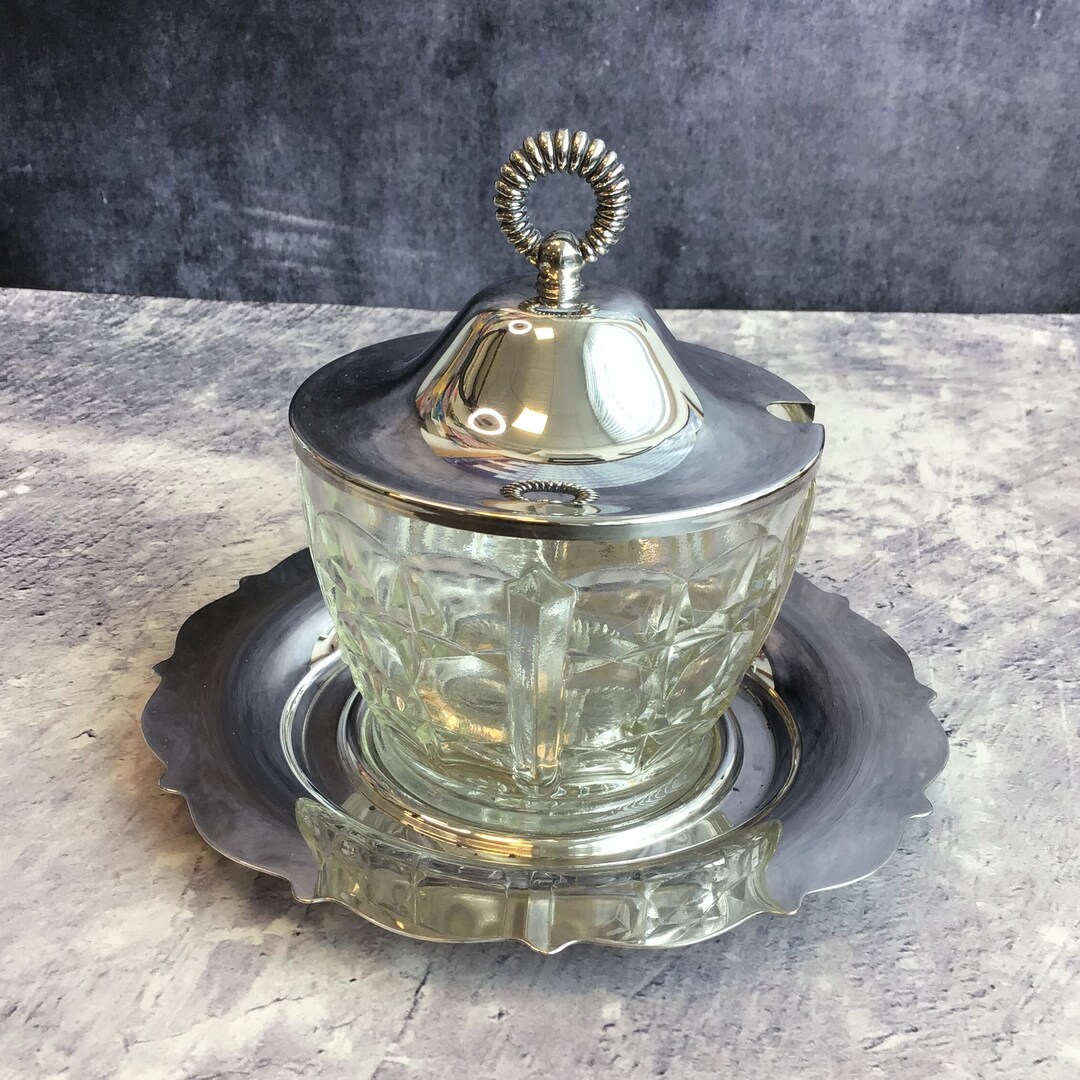 Vintage Oneida Pressed Glass Jam Pot With Silver Plated Lid and Plate ...