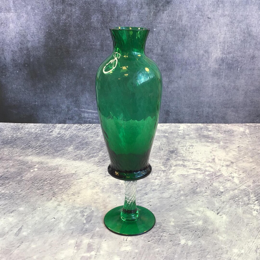 Vintage Mid Century Stemmed Emerald Green Glass Bud St Vase With Clear ...