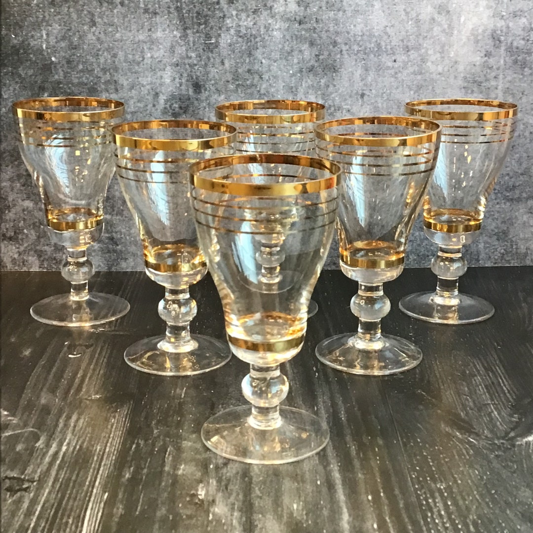 Vintage 1950s Boxed Set of 6 Gold Sherry Liqueur Stem Glasses, Mid ...