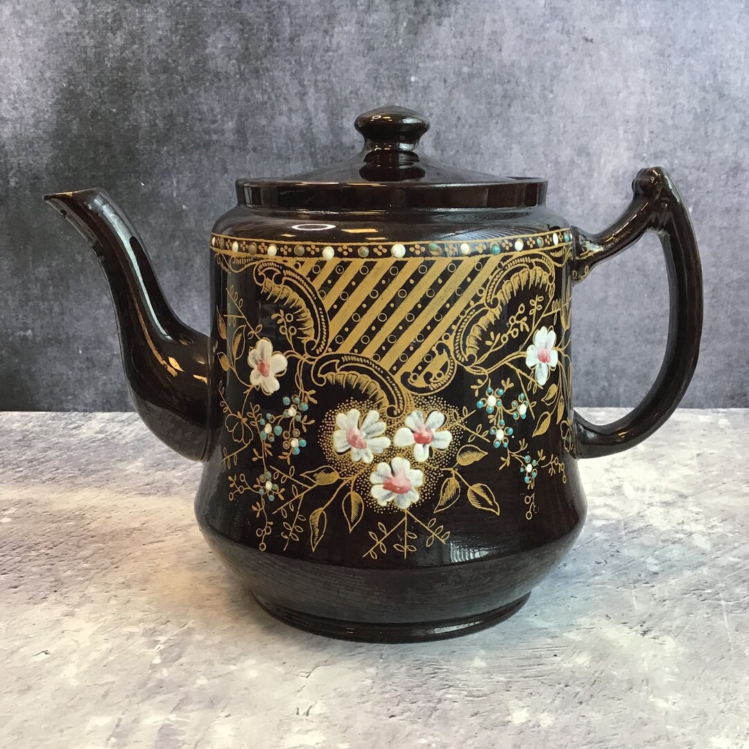 Vintage Antique Jackfield Style Teapot - Glossy Black Glaze With ...