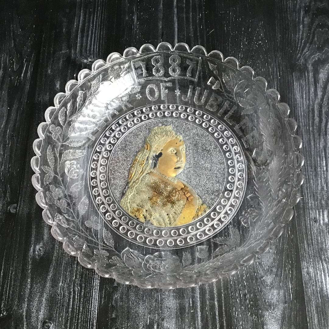 Antique 1887 Queen Victoria Jubilee Gilded Pressed Glass Commemorative ...