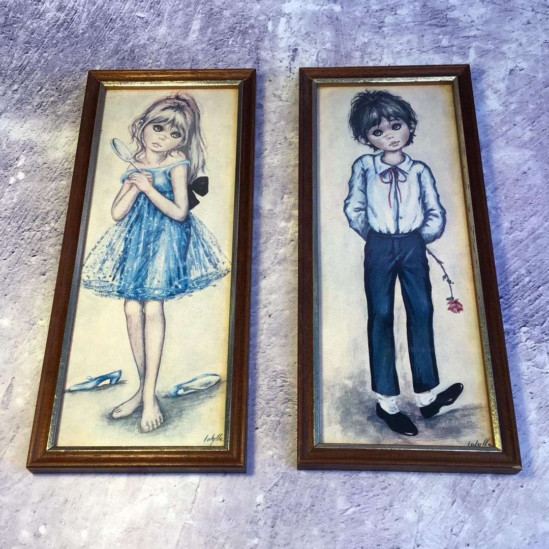 Pair of Vintage 1960s Framed Big Eyed Girl and Boy Prints Signed ...