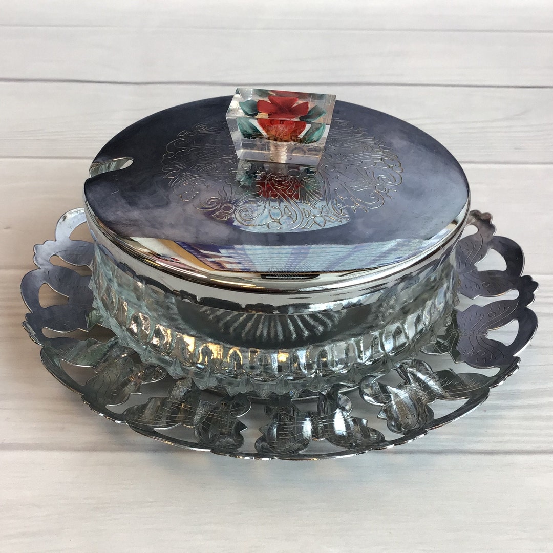 Vintage Mid Century Glass Jam Pot With Chrome Stand and Lid With Floral ...