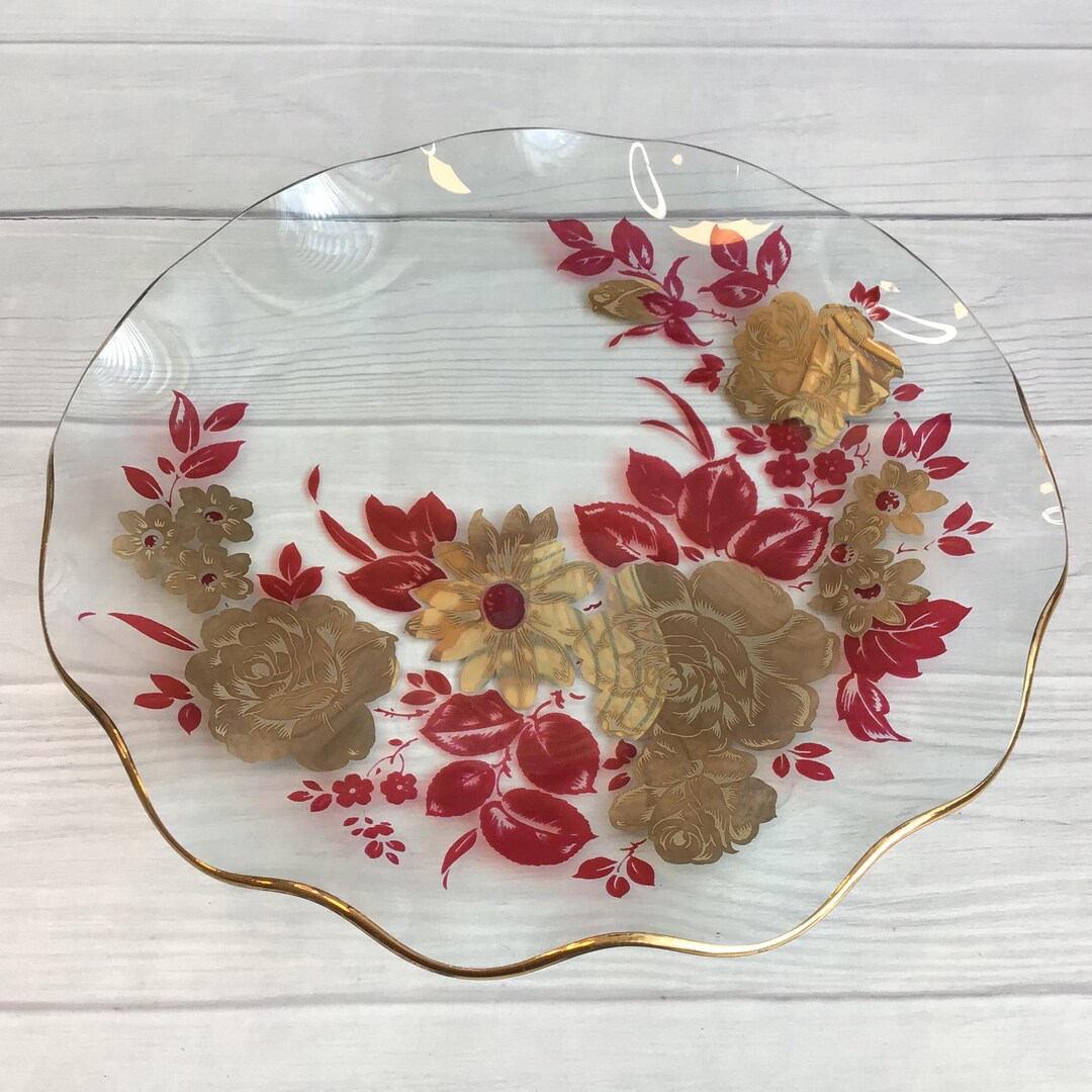 Vintage Painted Fiesta Glass Plate / Dish by Chance With Gold Roses ...
