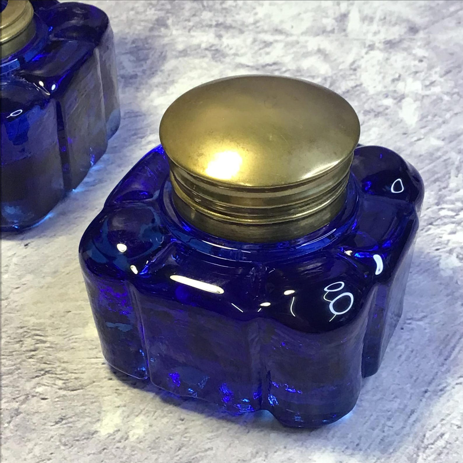 Pair of Antique Cobalt Blue Glass Ink Well Jars With Brass Collar ...