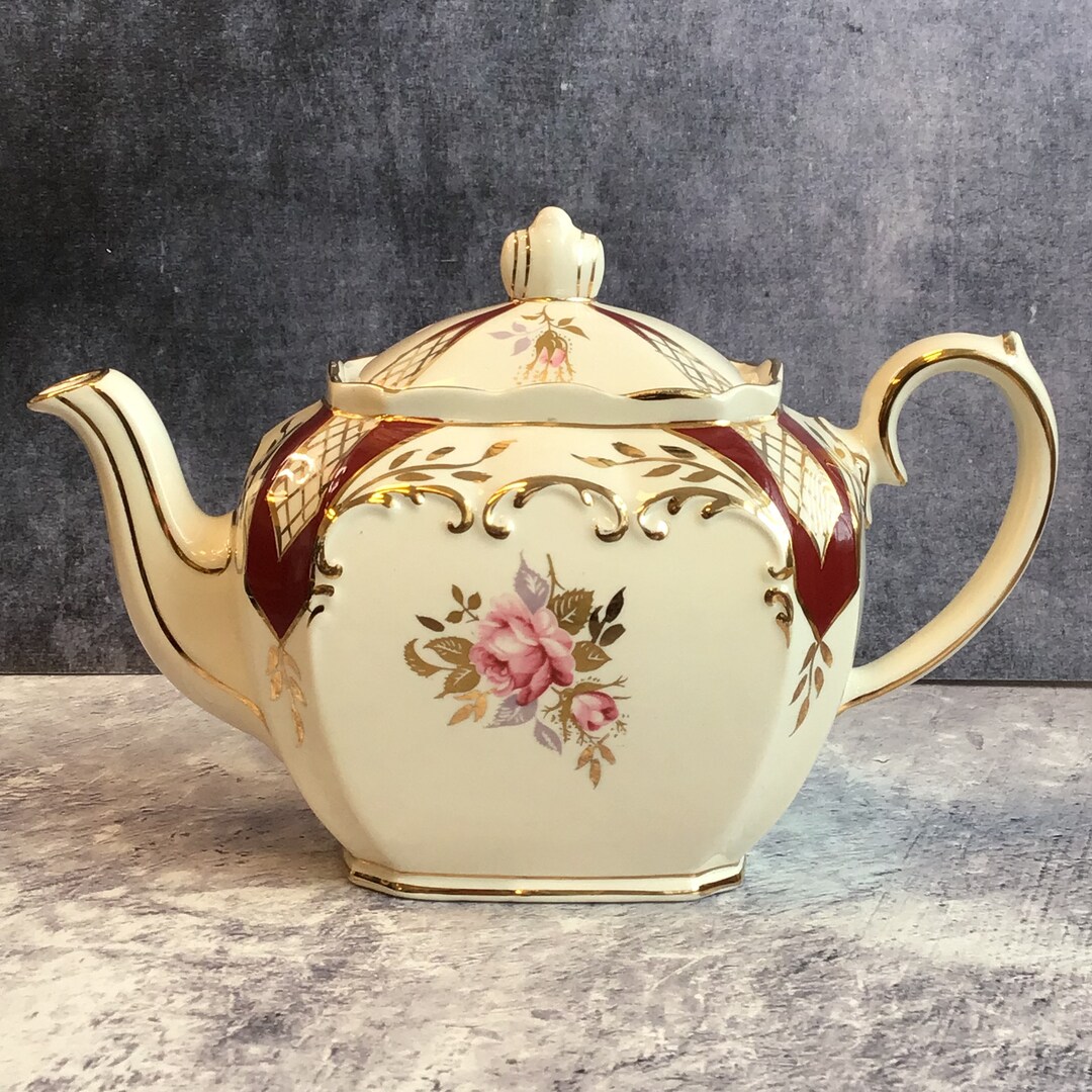 Vintage Sadler 2898 Large Cube Teapot Burgundy Red and Gold China With ...
