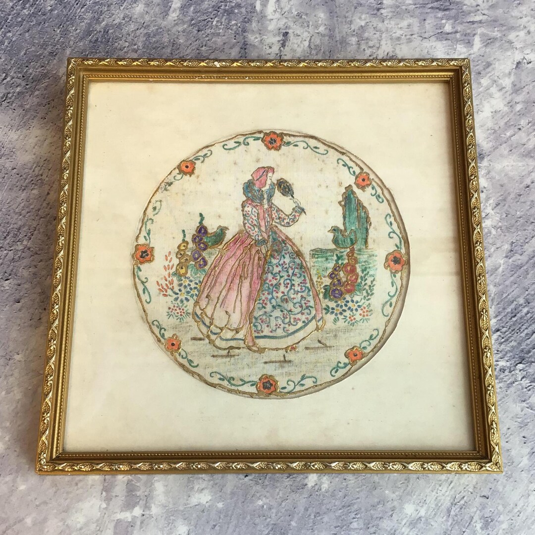 Vintage Elizabethan Crinoline Lady Painted on Linen, Framed Under Glass ...