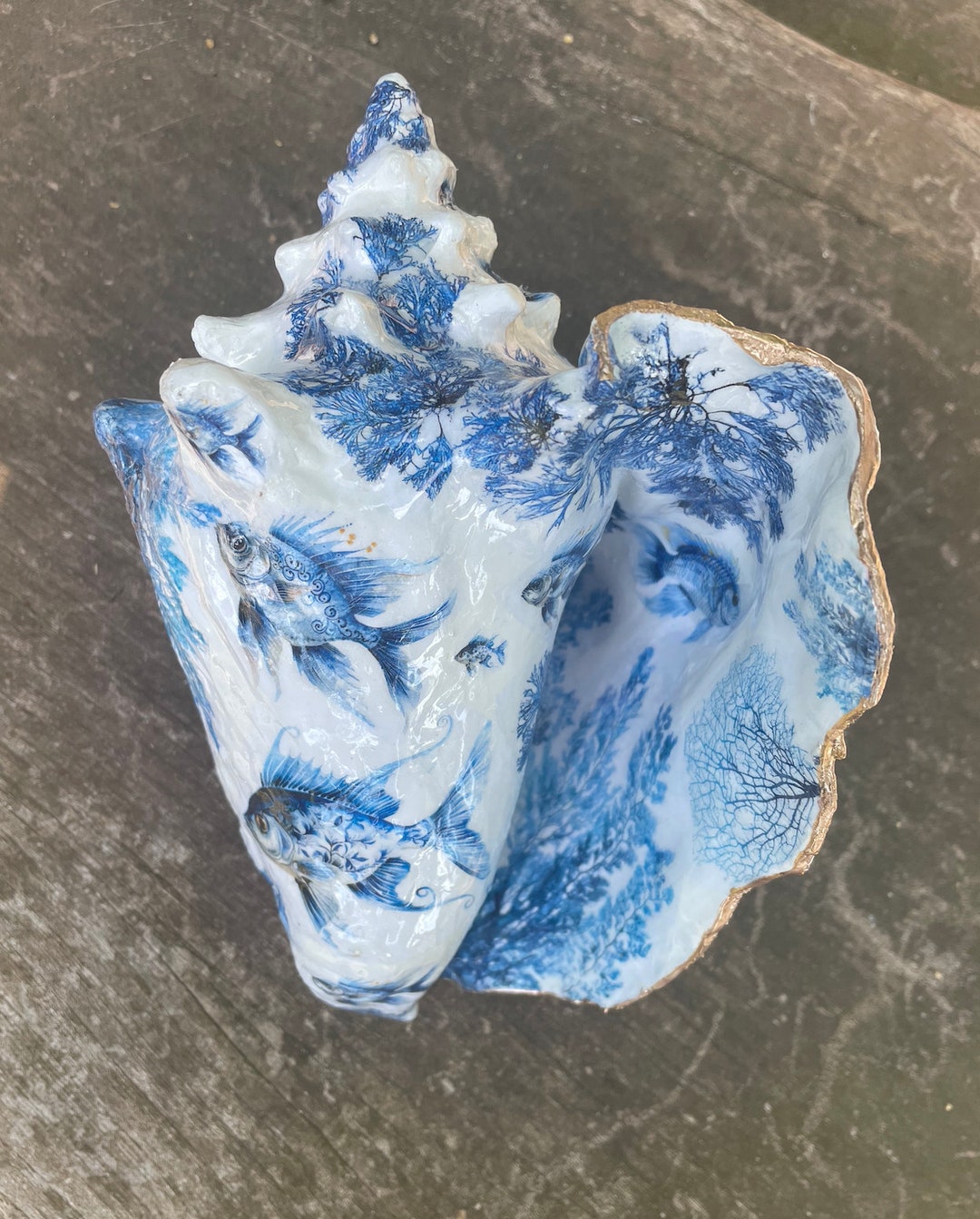 Conch Shell, Coastal House, Blue and White, Fish, Decoupage Shell, Home ...