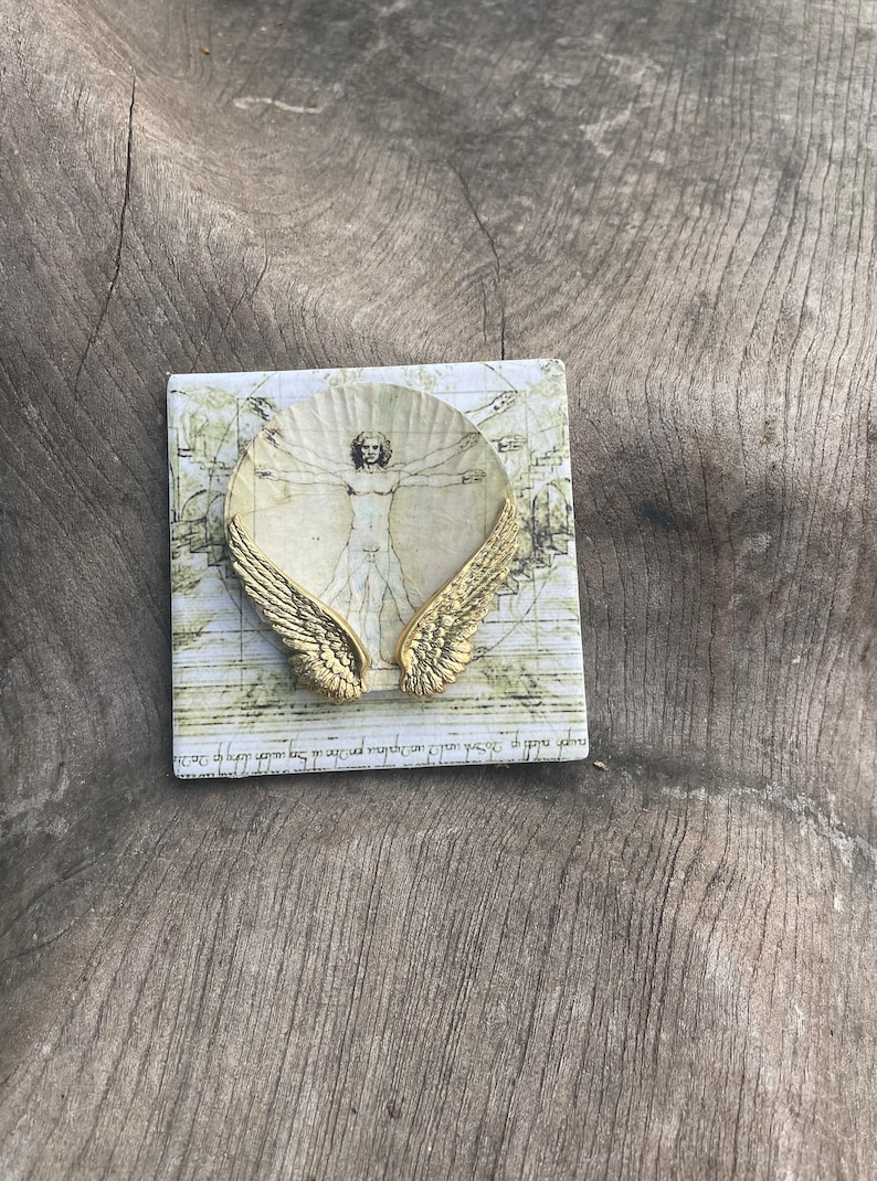 Leonardo Da Vinci Tile: Decoupage Shell With Golden Angel Wings - Etsy