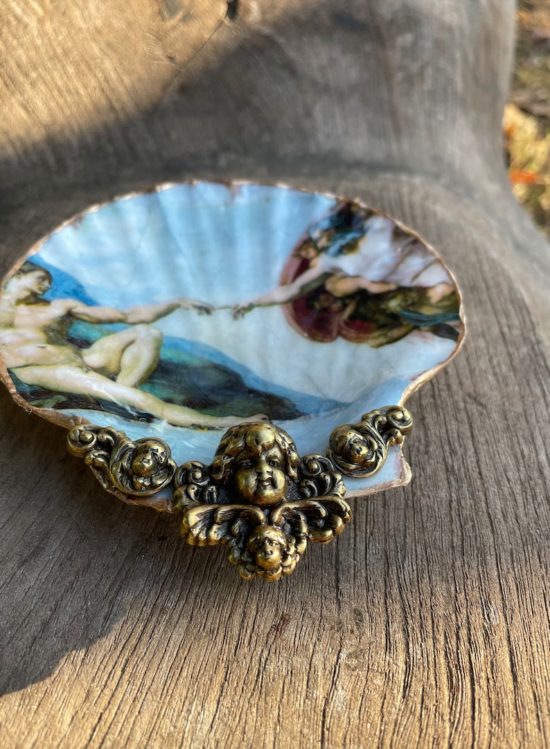 The Creation of Adam Decoupage Shell Dish: Religious Home Decor - Etsy
