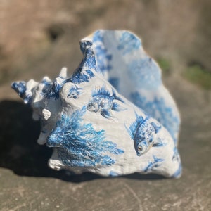Conch Shell, Coastal House, Blue and White, Fish, Decoupage Shell, Home ...