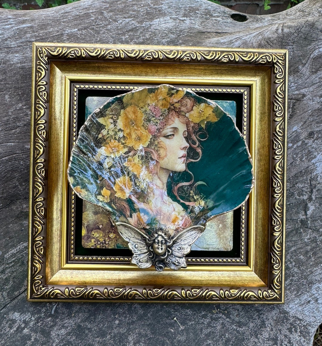 Handmade Alphonse Mucha Art Nouveau Decoupage Shell Tile - Gold Fairy ...