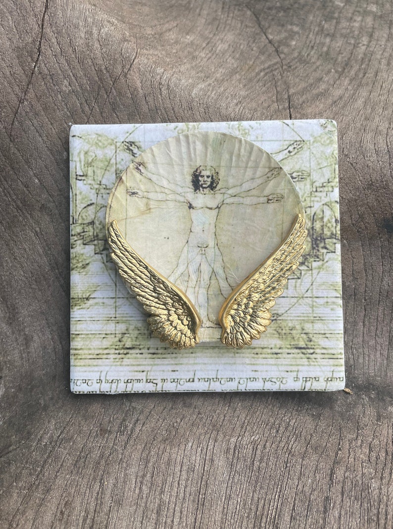 Leonardo Da Vinci Tile: Decoupage Shell With Golden Angel Wings - Etsy