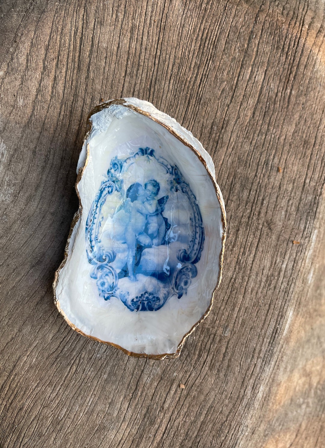 Decoupaged Oyster Shell: Delft Portuguese Tile Angels, Gold Edge - Etsy