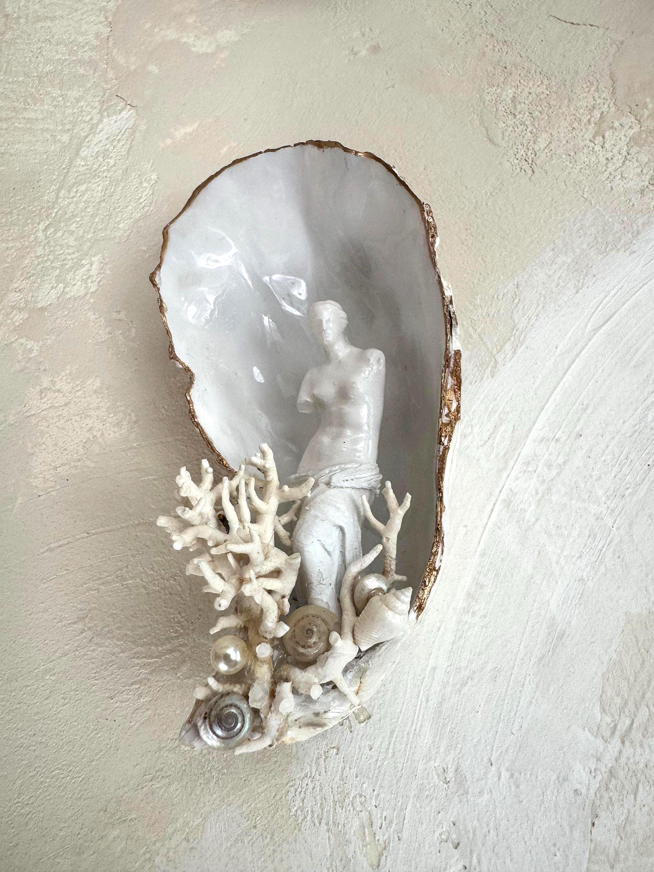 Oyster Shell Art With Venus Figurine and Coral – Coastal Wall Sculpture ...