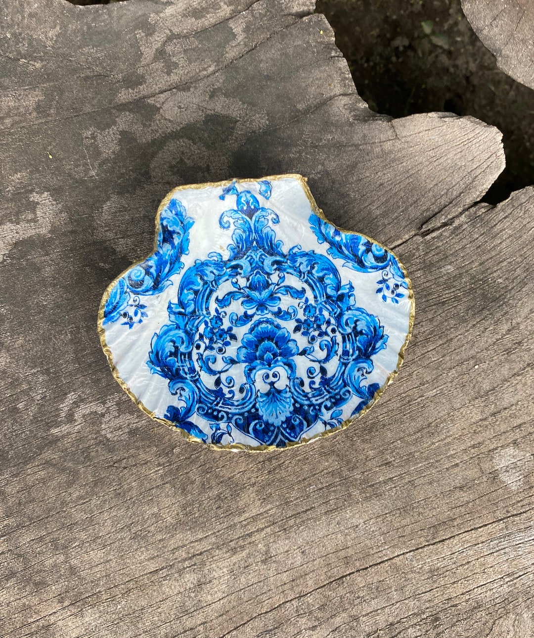Decoupage Scallop Shell: Mediterranean Blue and White Trinket Dish - Etsy