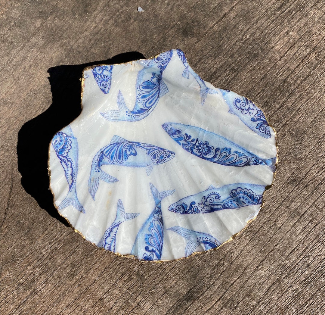 Hand Painted Shell, Shell Ring Dish, Decoupage Jewelry Dish, Trinket ...