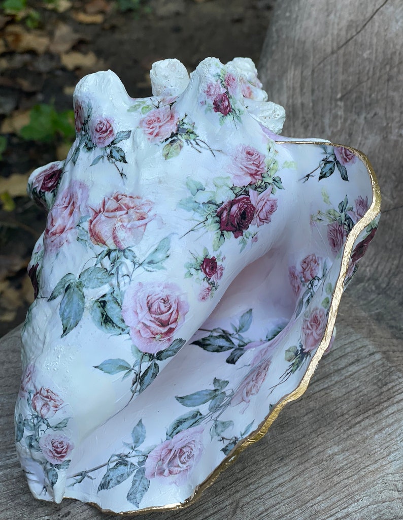 Handmade Decoupage Conch Shell: Victorian Rose Decor With Gold Flakes ...