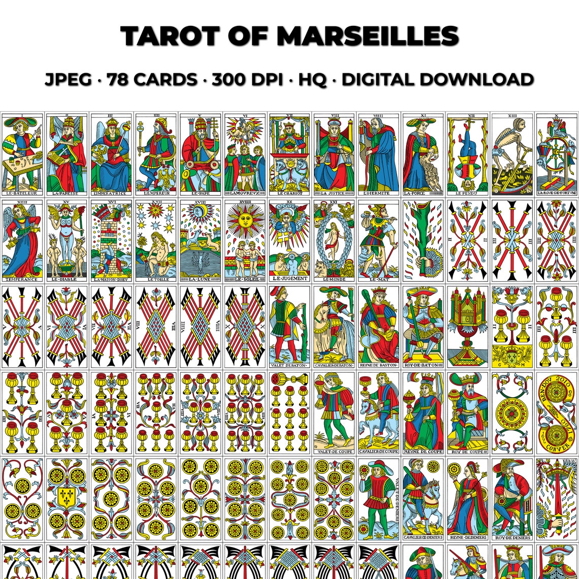 Complete Printable Tarot Deck of Marseilles Tarot. Marseilles Tarot Deck Printable. Instant ...