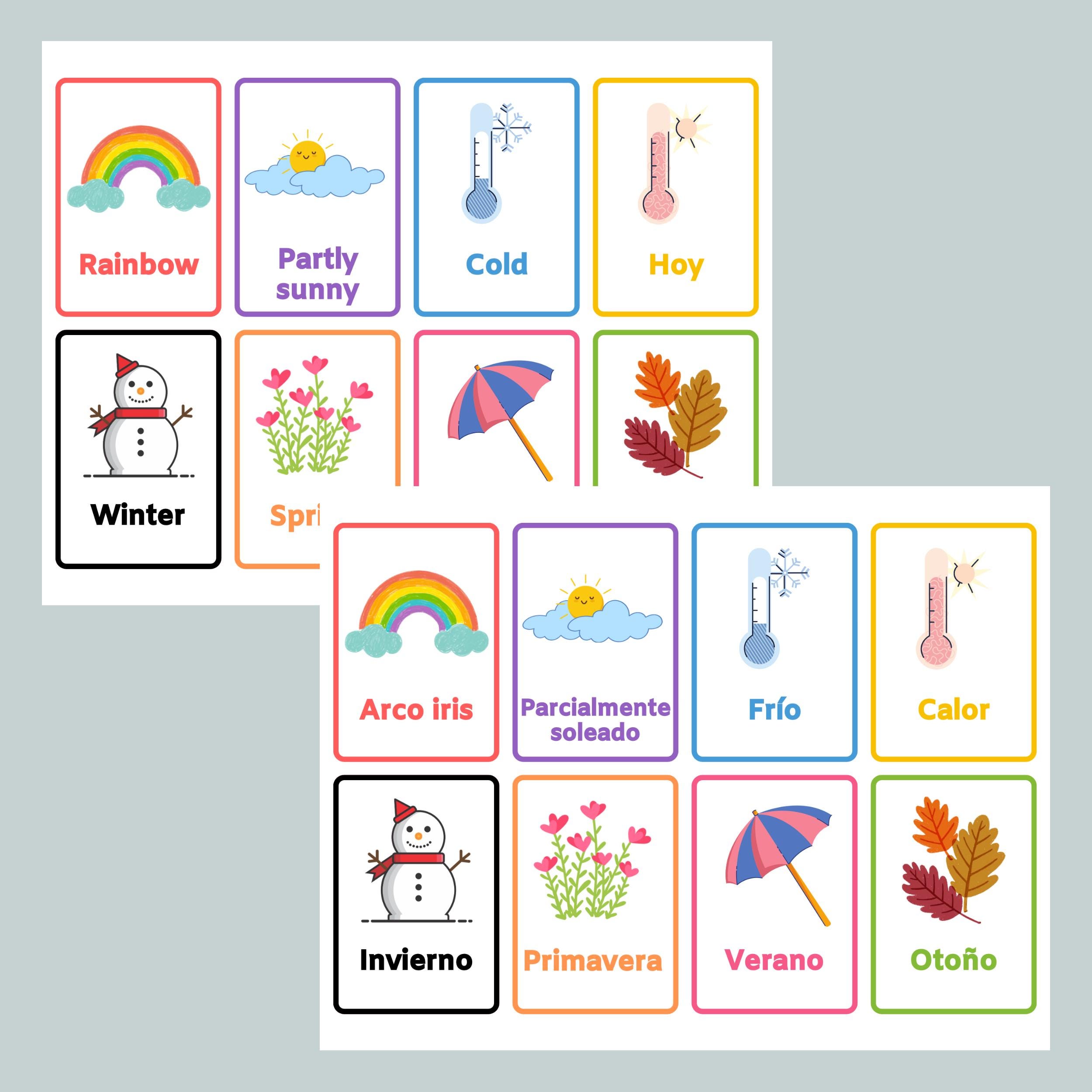 Bilingual Weather Flashcards Matching Game | Spanish and English ...