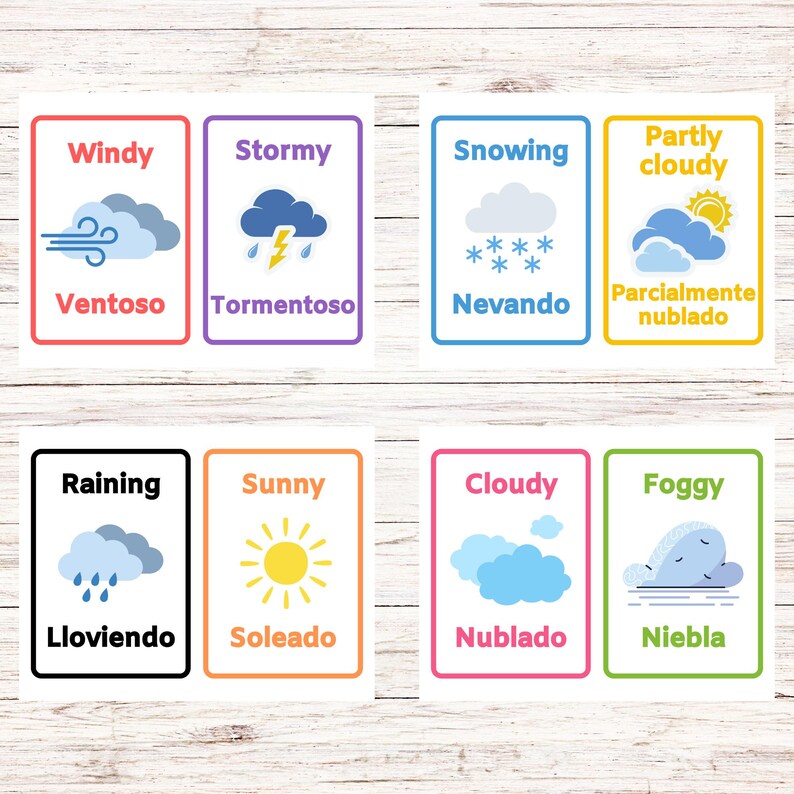 Bilingual Weather Flashcards-spanish and English Printable-study Tools ...