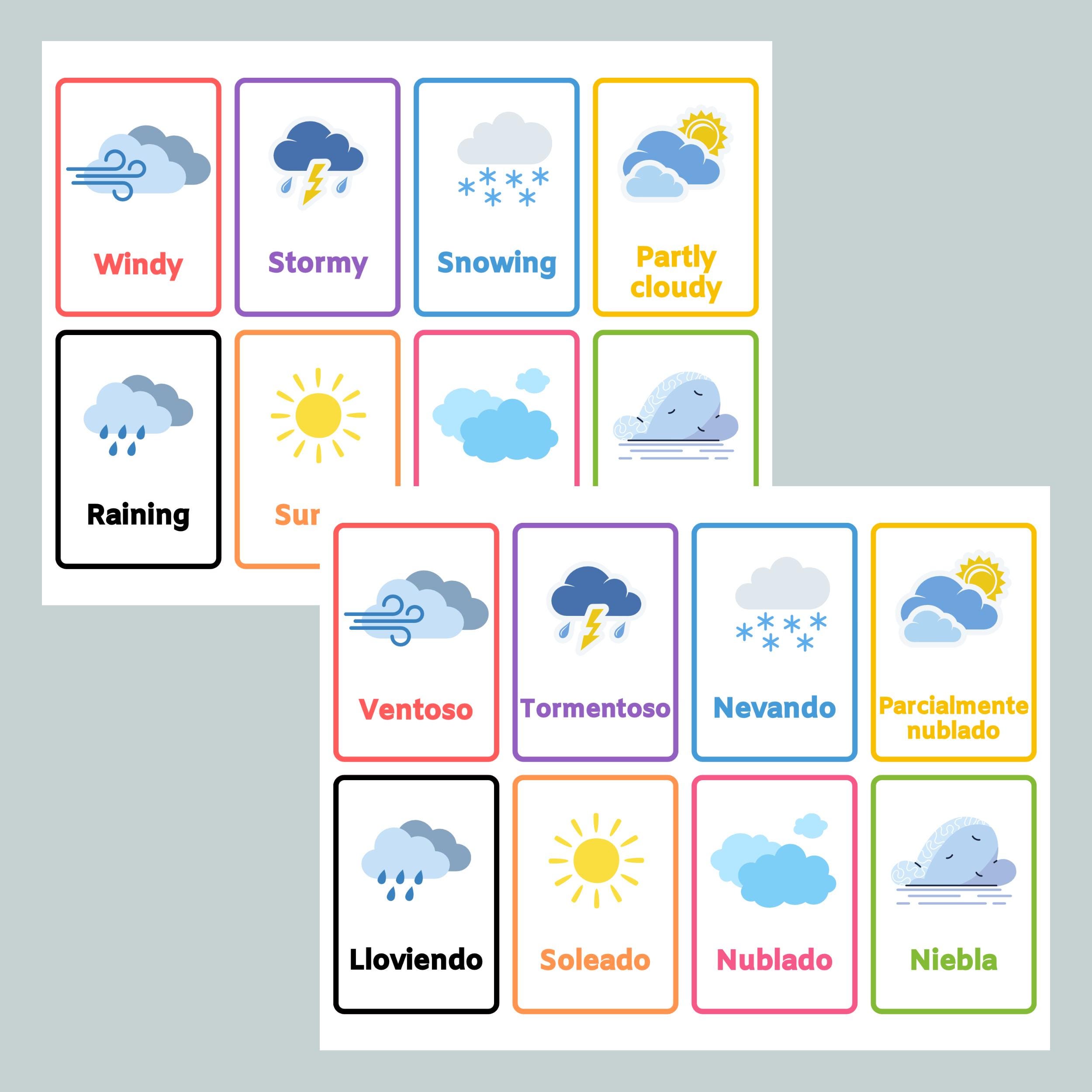 Bilingual Weather Flashcards Matching Game | Spanish and English ...
