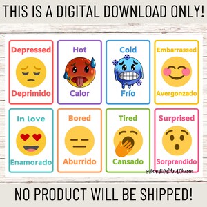 Emotions Flashcards, Spanish and English, Early Learning (PNG&PDF) - Etsy