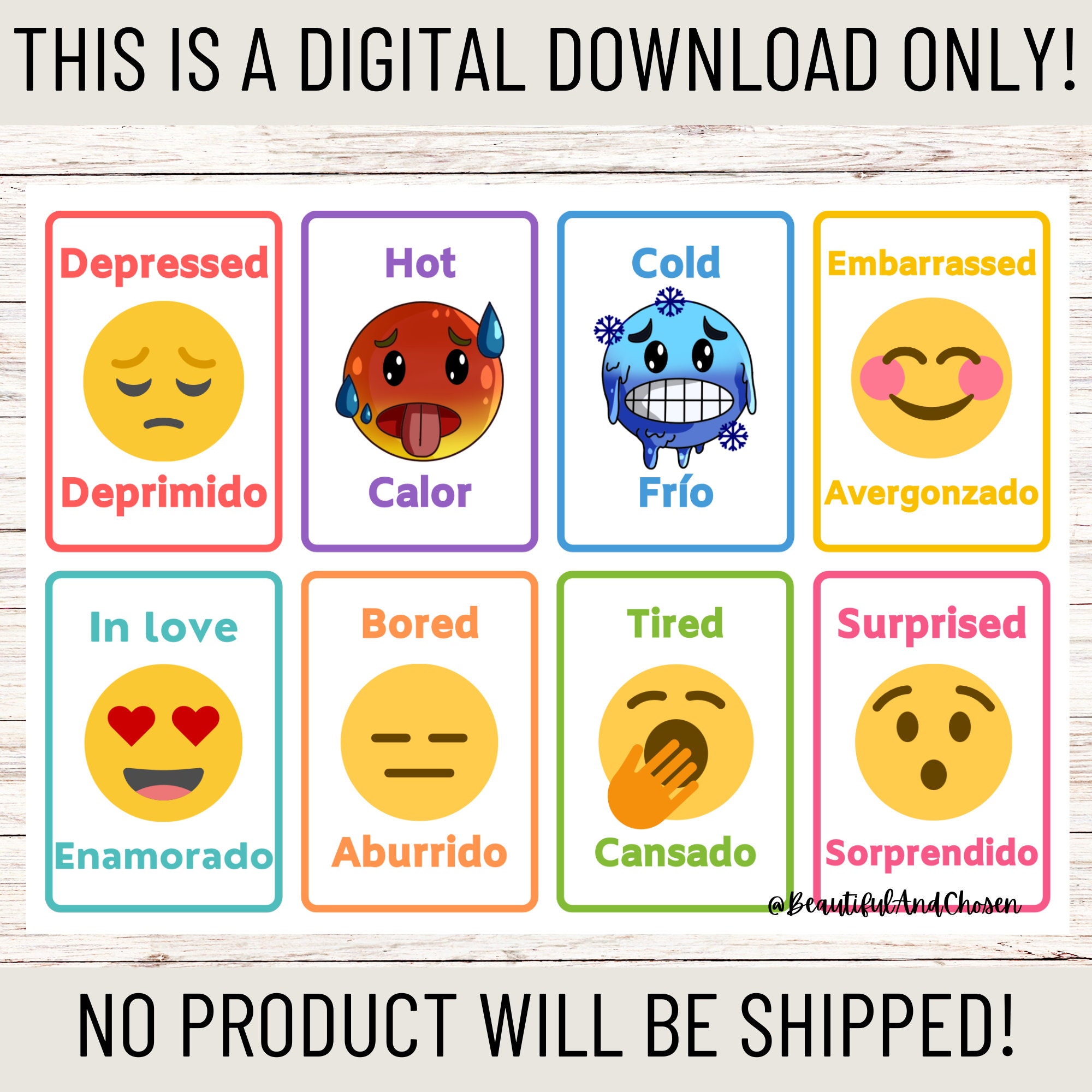 Emotions Bilingual Flashcards-spanish and English Printable-study Tools ...