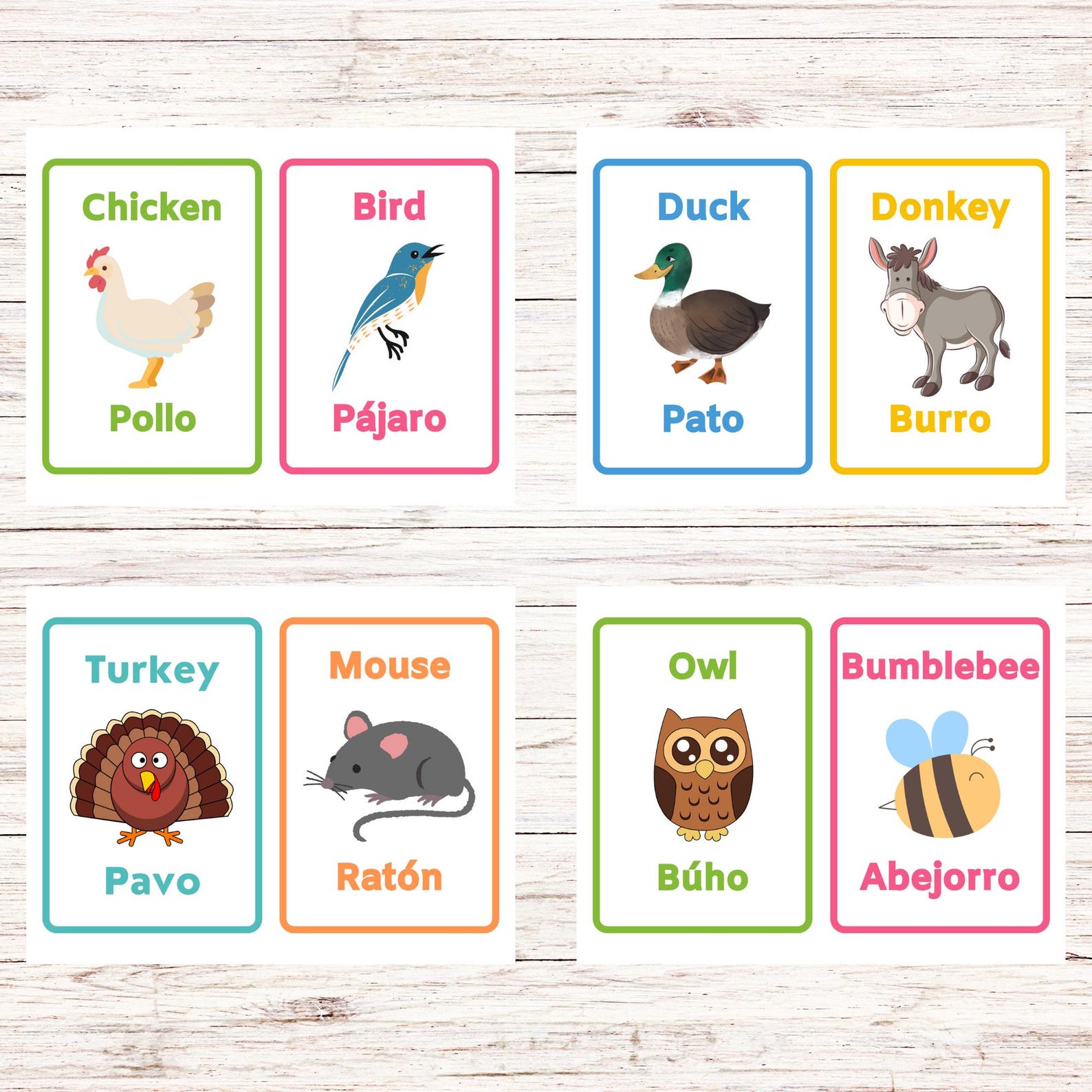 Farm Animals Bilingual Flashcards-spanish and English Printable-study ...