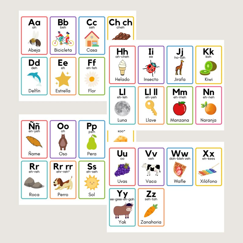 Spanish Alphabet Flashcards Printable With Letter Name Pronunciation - Etsy