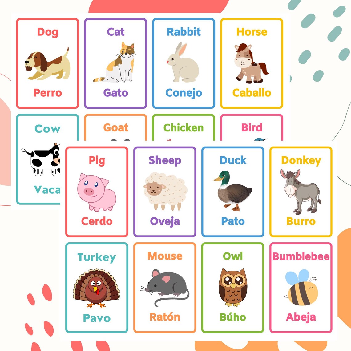 Farm Animals Bilingual Flashcards-spanish and English Printable-study ...